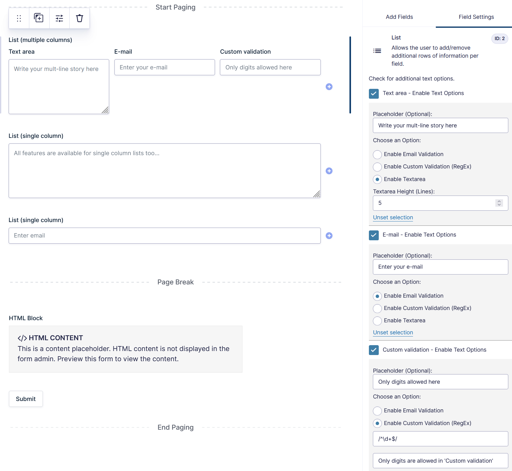 List Text Gravity Forms – Textarea & Validation for List Field